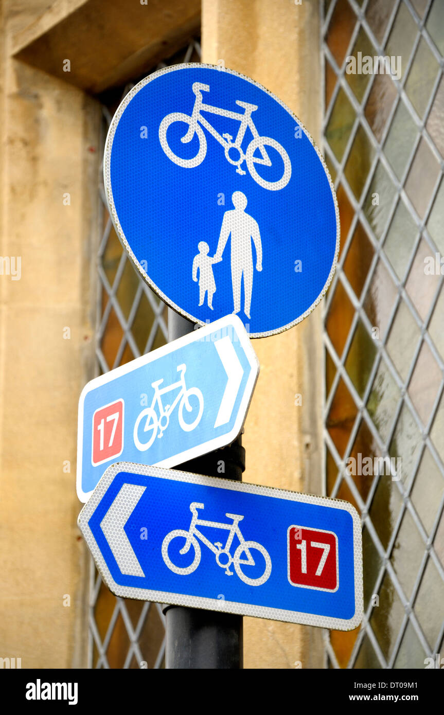Maidstone, Kent, England, UK. Cycle path signs and pedestrian zone ...