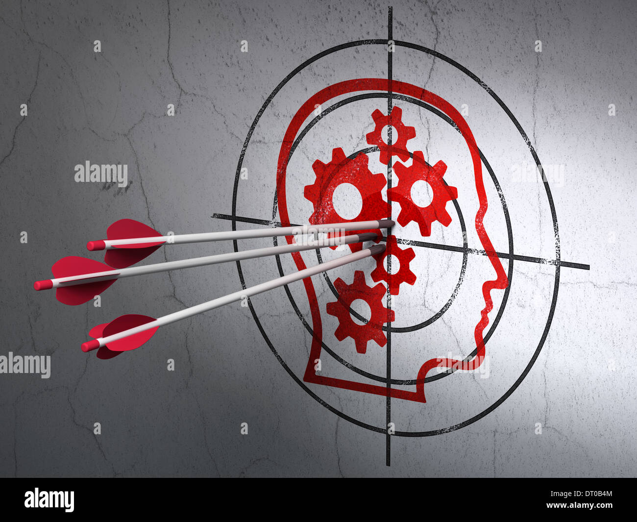 Advertising concept: arrows in Head With Gears target on wall ...