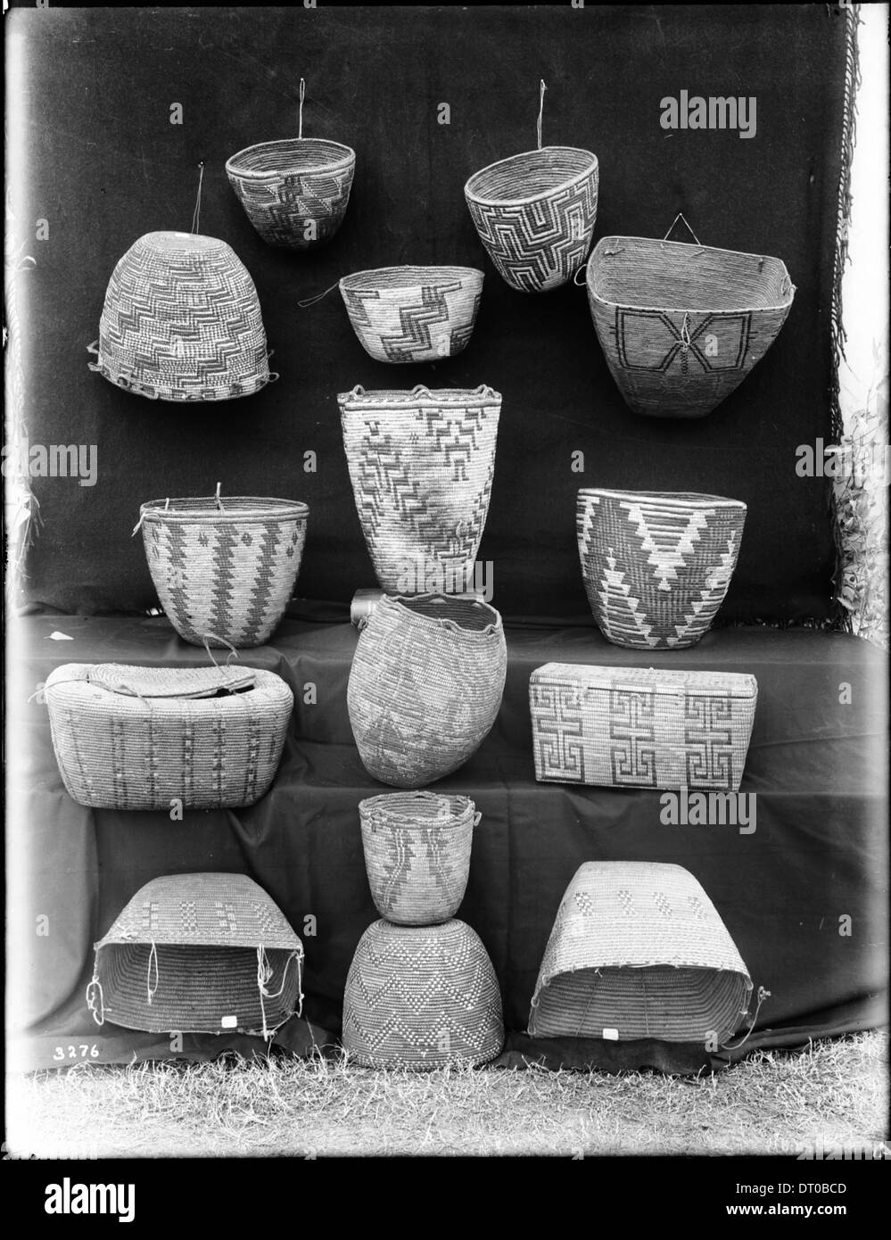 A collection of 15 Walapai Indian baskets displayed around 1900 ...
