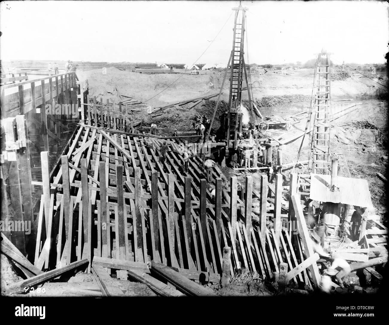 Photograph showing the construction of the Imperial Canal head gate ...