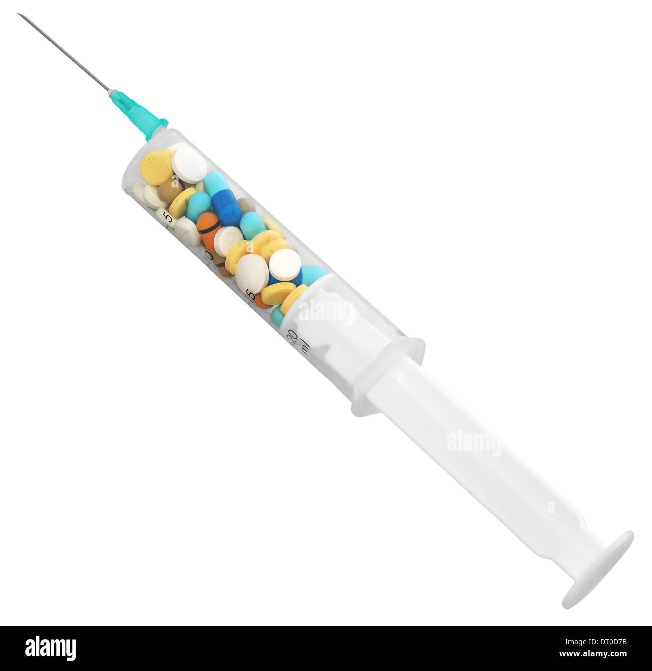 Medicine capsule and tablet in syringe as injection isolated on white ...