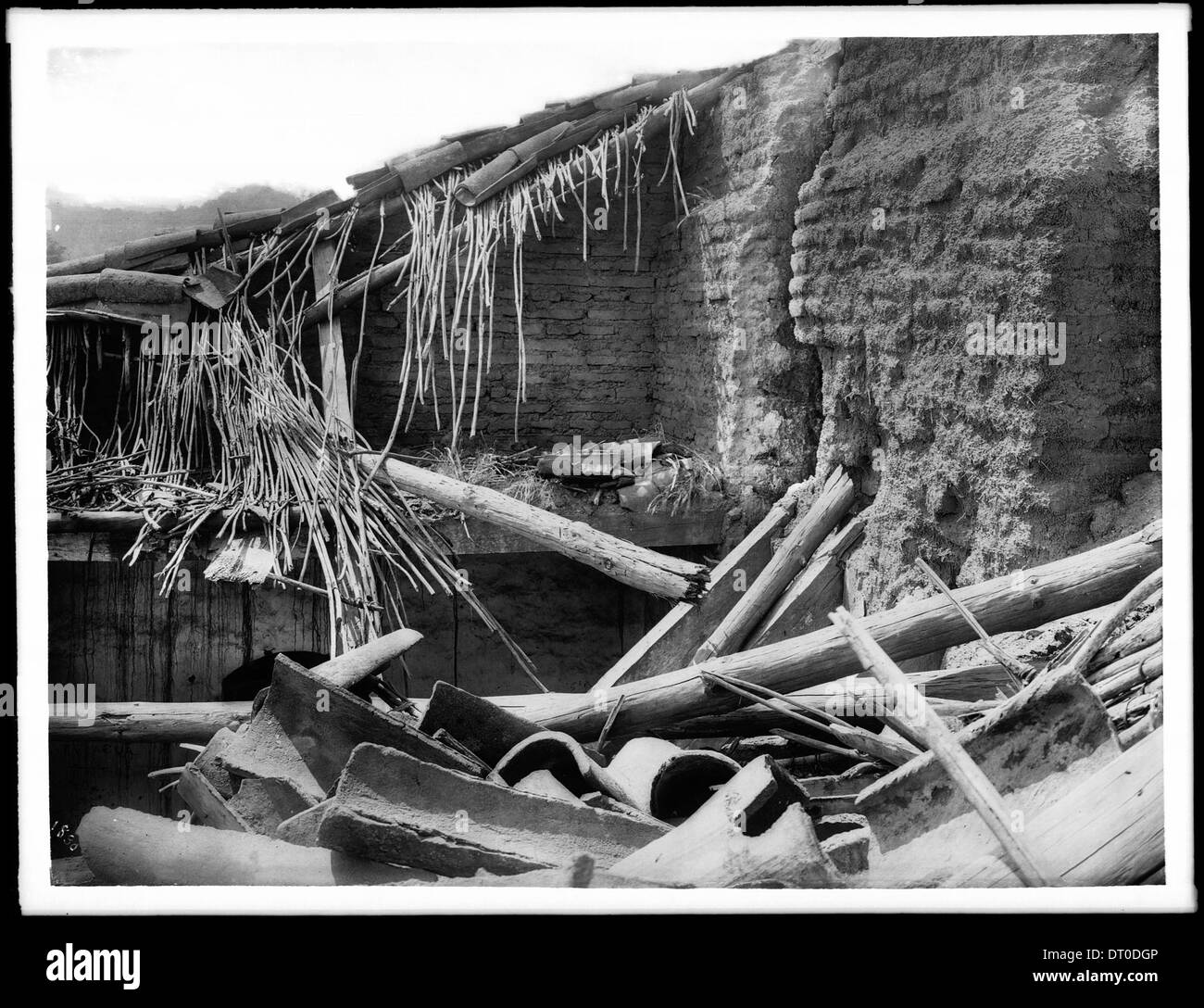 A detailed view of a tile roof laid on tule reeds at Mission San ...