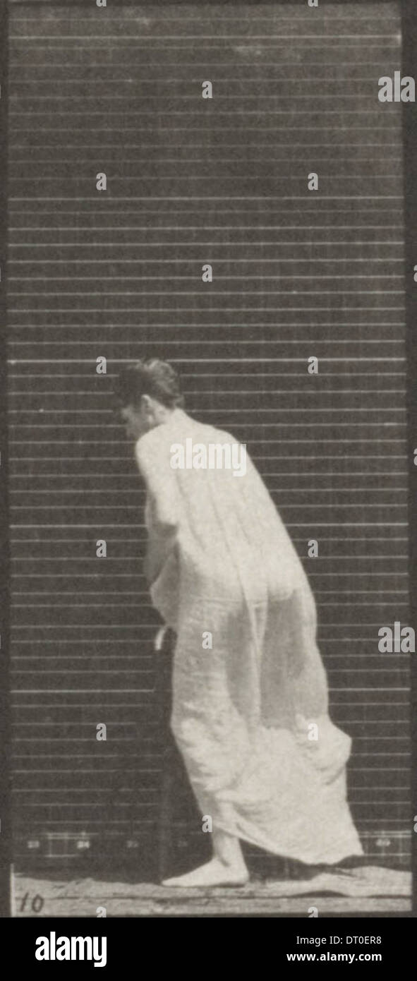 A draped woman is shown stepping on a chair, reaching upwards, and ...
