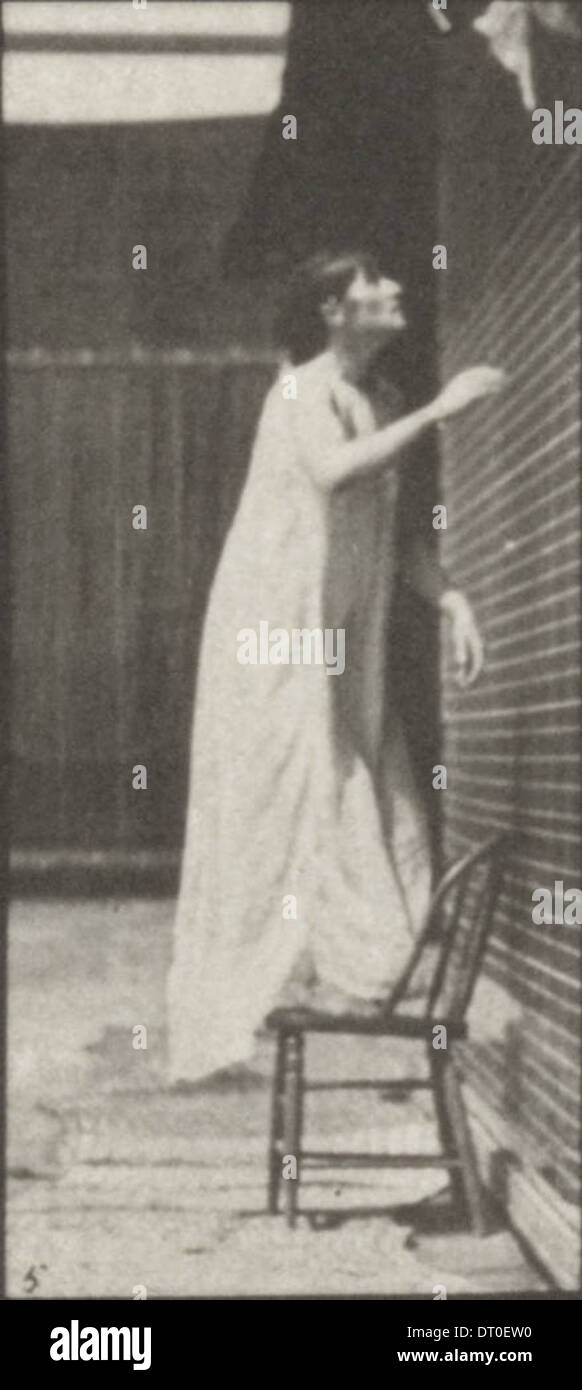 A draped woman is captured in motion, stepping on a chair and reaching ...