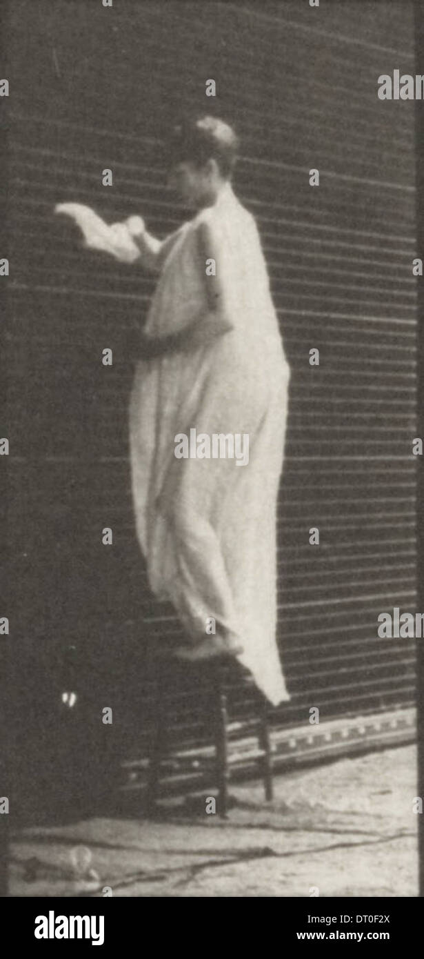 A draped woman stepping on a chair, reaching up and descending ...