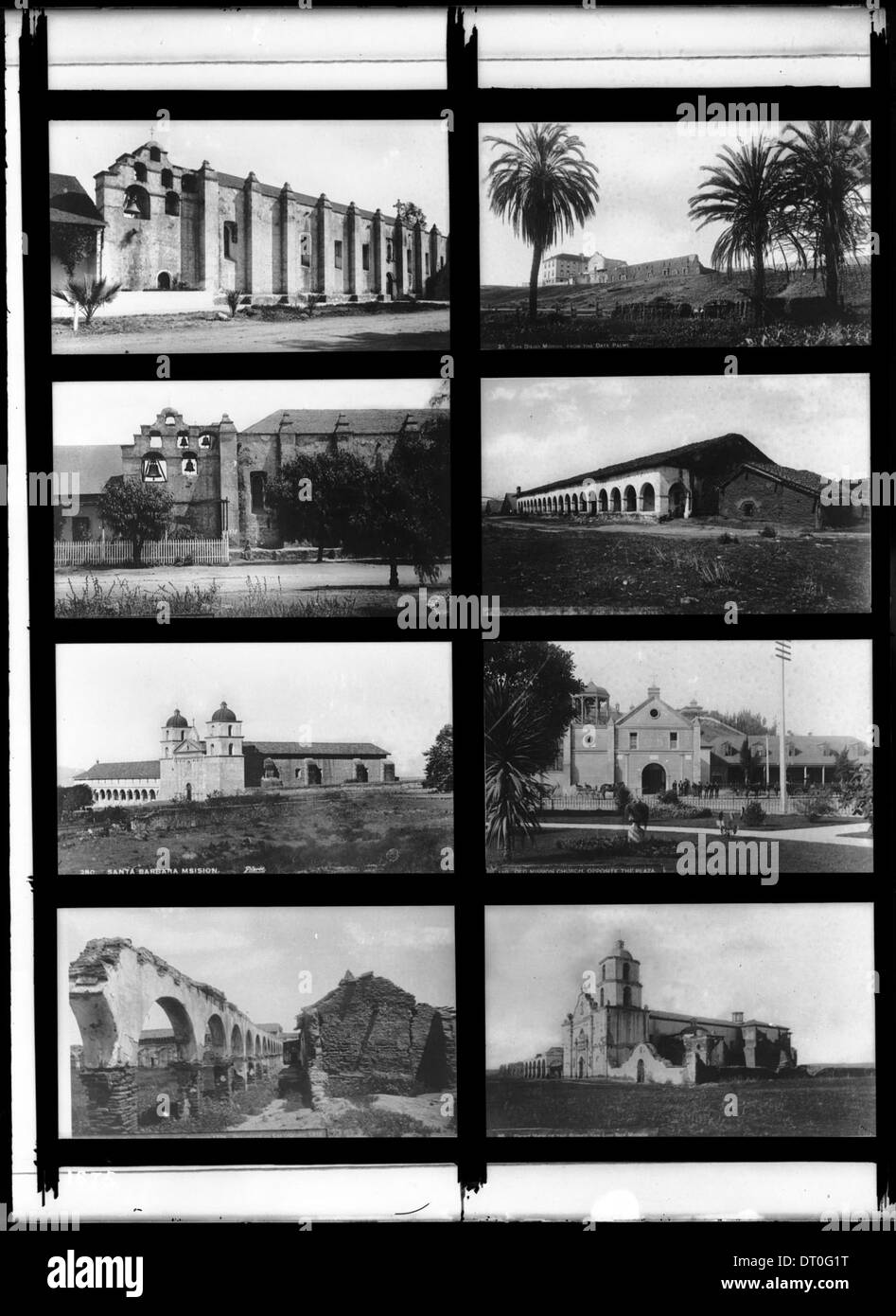 Eight views showing seven different Southern California missions ...