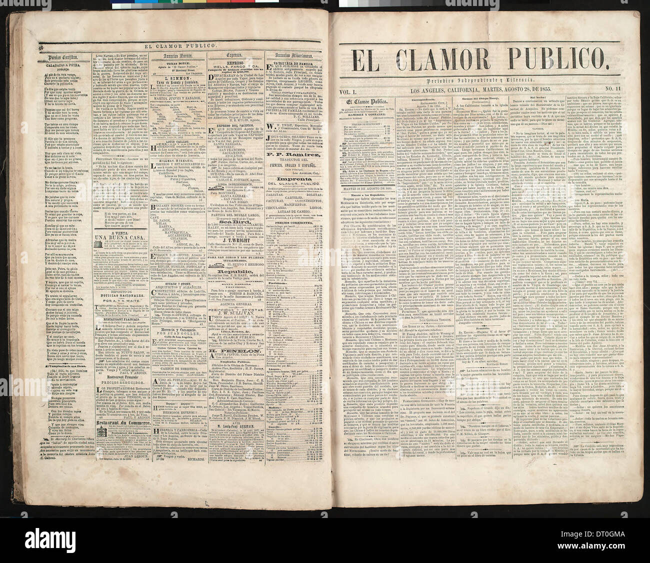 A photograph of volume 1, issue 10 of 'El Clamor Publico', a historical ...