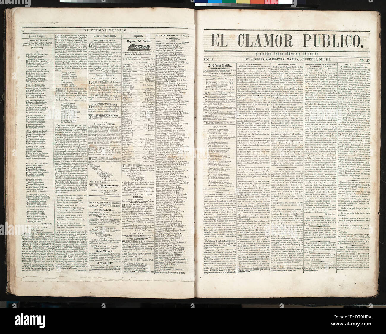 A photograph of *El Clamor Publico*, Volume I, Issue 19, dated October ...