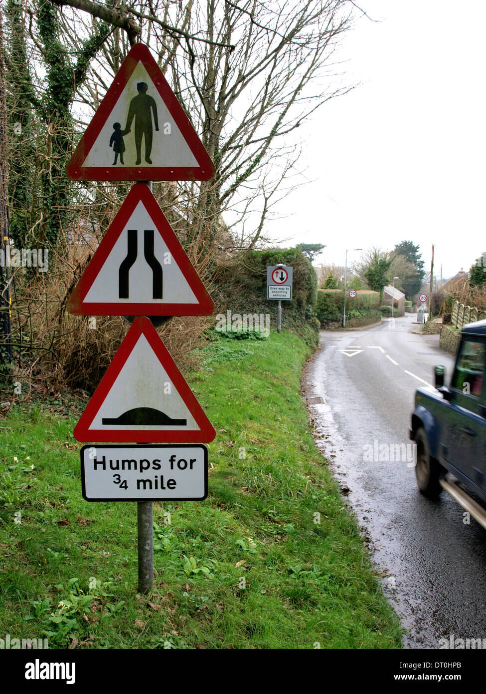 Road signs on the entrance to Poughill Village, Bude, Cornwall, UK ...
