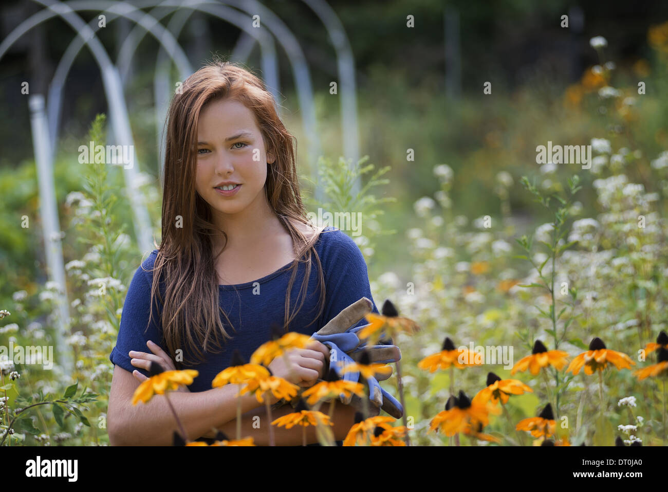 Woodstock New York USA young girl in field surrounded by flowers Stock ...