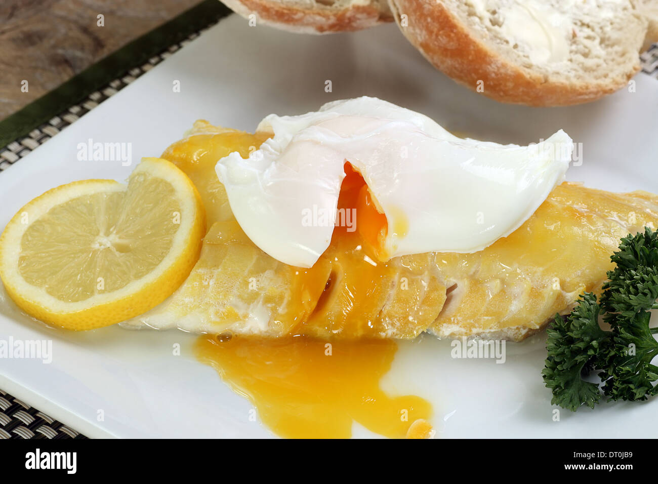 fish smoked haddock topped with a poached egg Stock Photo - Alamy
