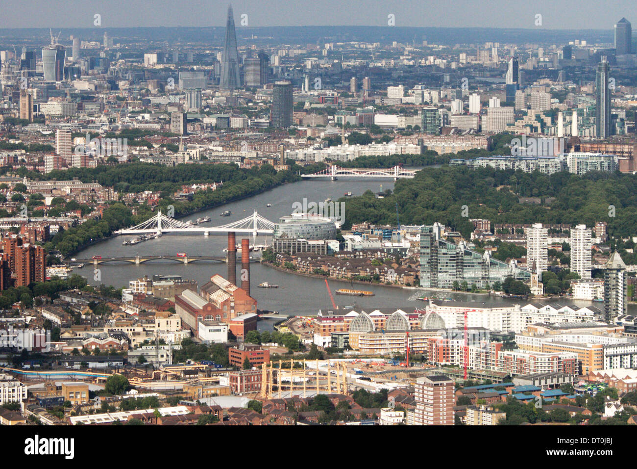 Aerial view of London looking east down the river thames towards ...