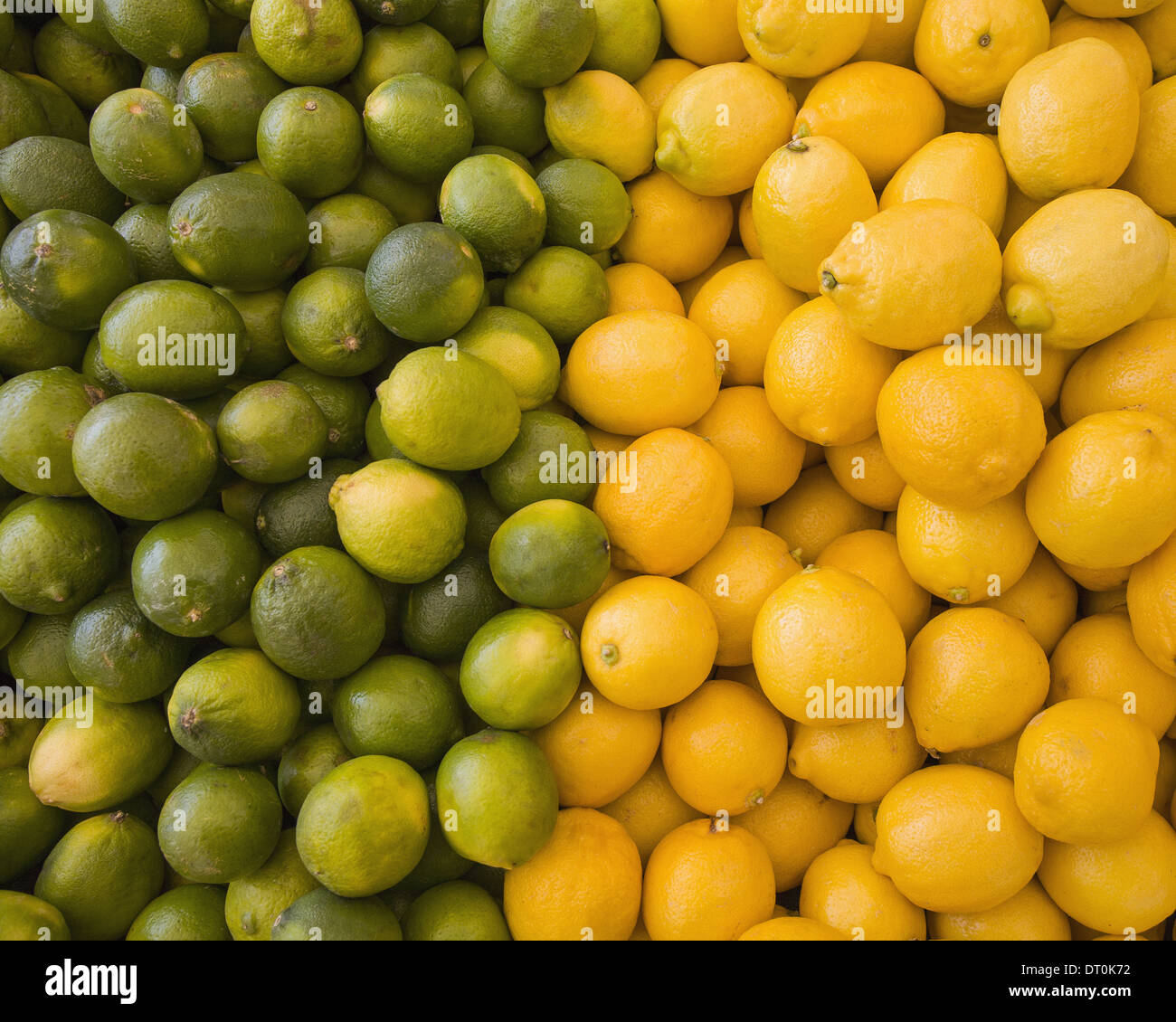 Lemons limes citrus fruits divided in two piles Stock Photo - Alamy