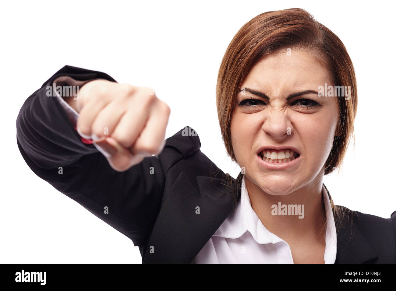 Closeup of angry businesswoman punching isolated on white background ...