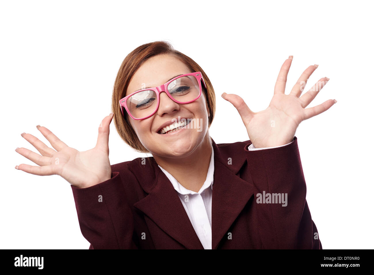 Closeup of pretty young woman wearing nerd glasses and grinning ...