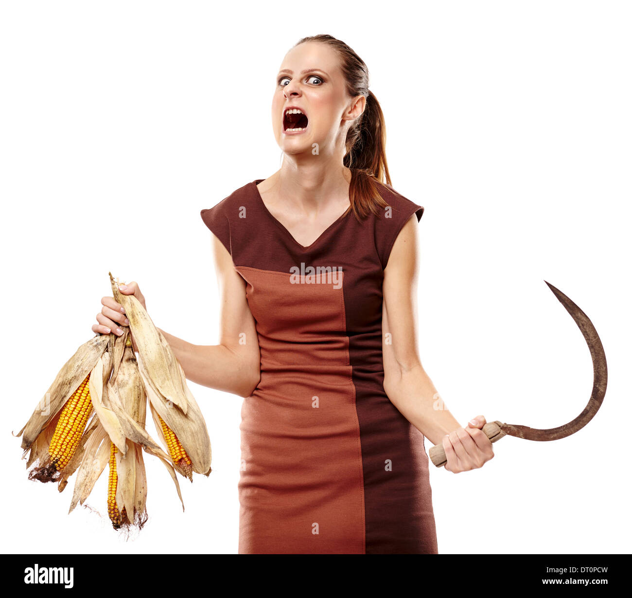 Scary Halloween crazy harvest lady with reaping hook, screaming Stock ...