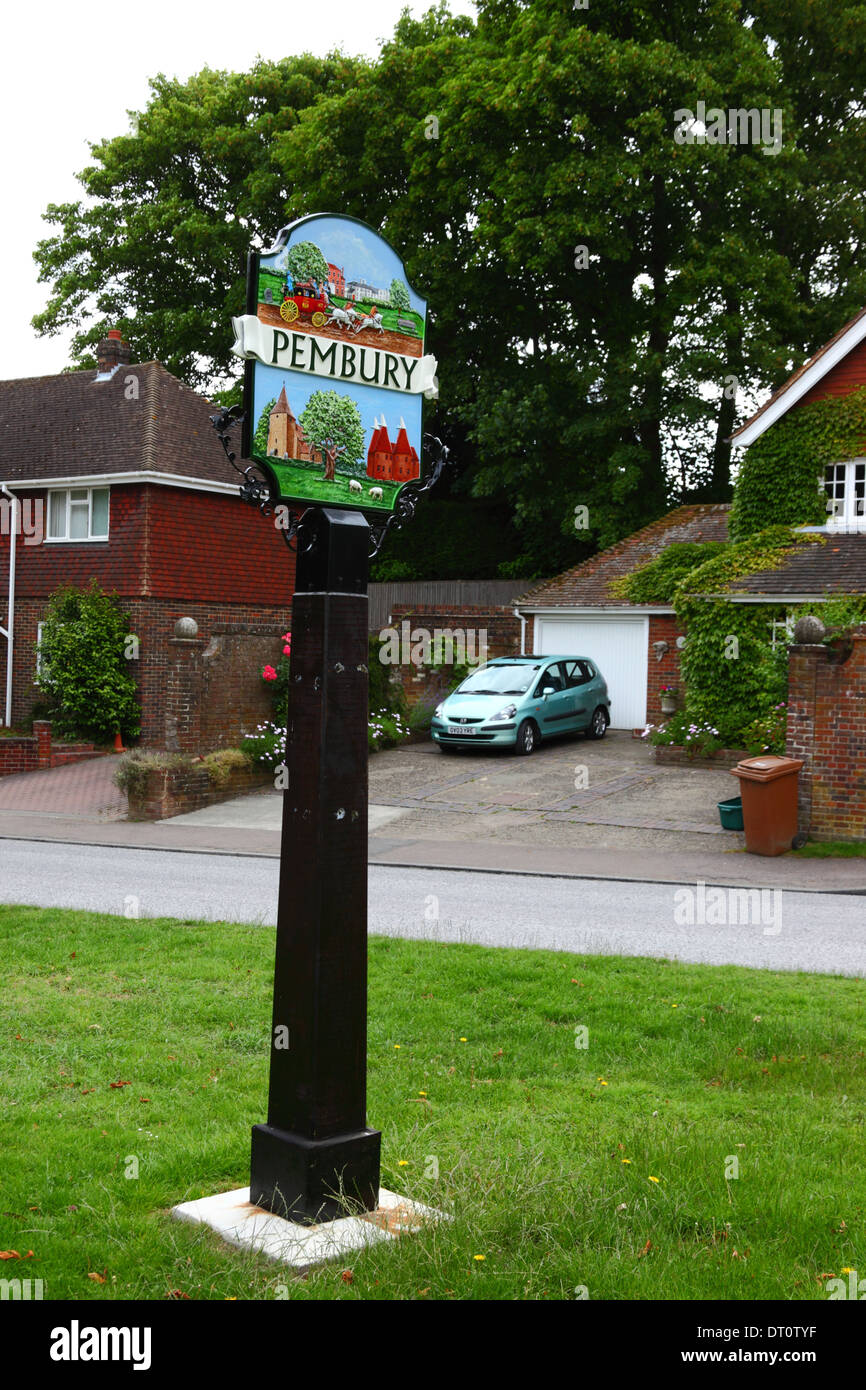 Painted ornamental village sign on the village green, Pembury, Kent ...
