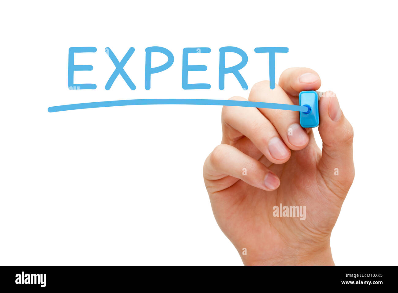 Hand writing Expert with blue marker on transparent wipe board Stock ...