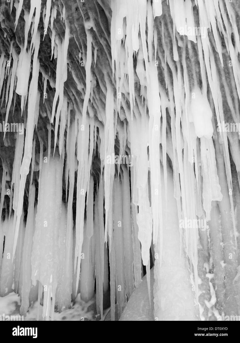 Black and white photograph, icicles at the Apostle Island Ice Caves ...