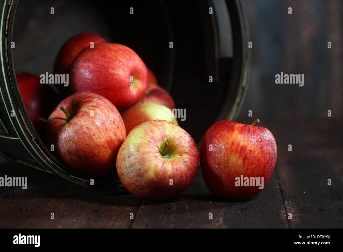 Rustic Barrel Full of Red Apples on Wood Grunge Background Stock Photo ...