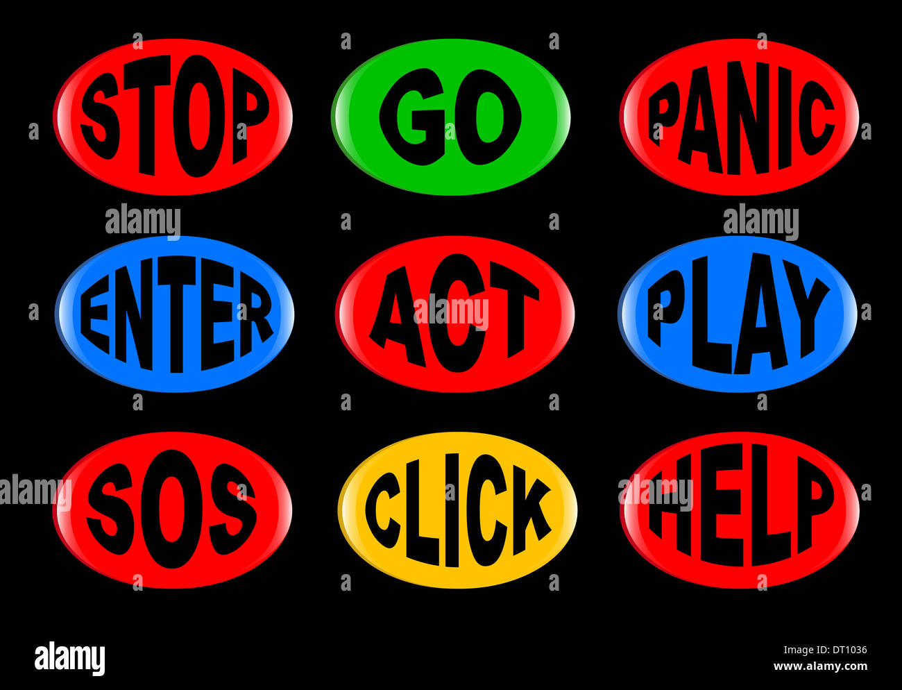 A collection of 3D buttons with various text instructions. Easy color ...