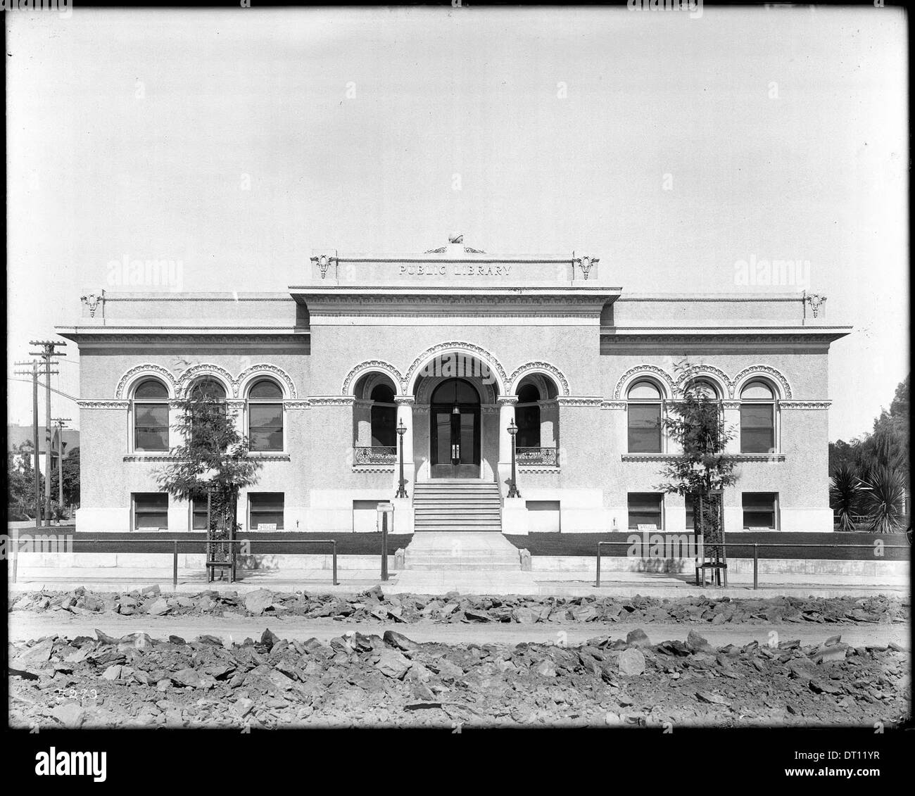 An exterior view of the Pomona Public Library after its construction ...