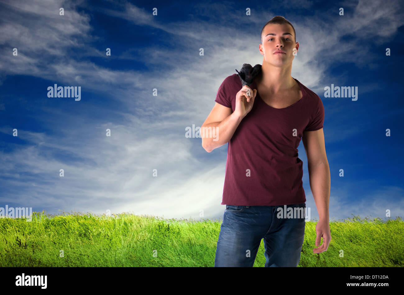 Beautiful landscape with green grass lawn and slightly cloudy blue sky ...