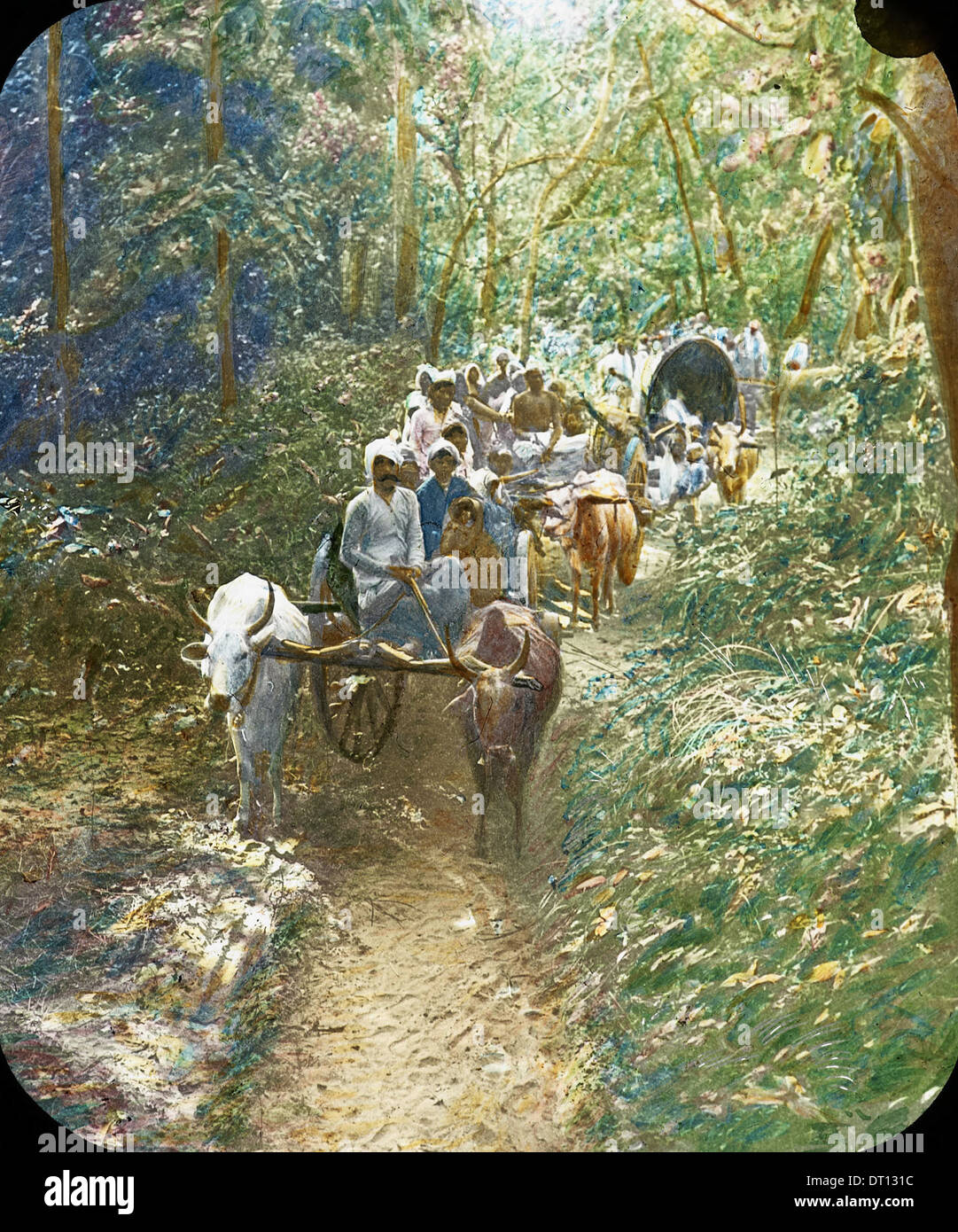 A photograph showing a group of bullock carts traveling through a ...