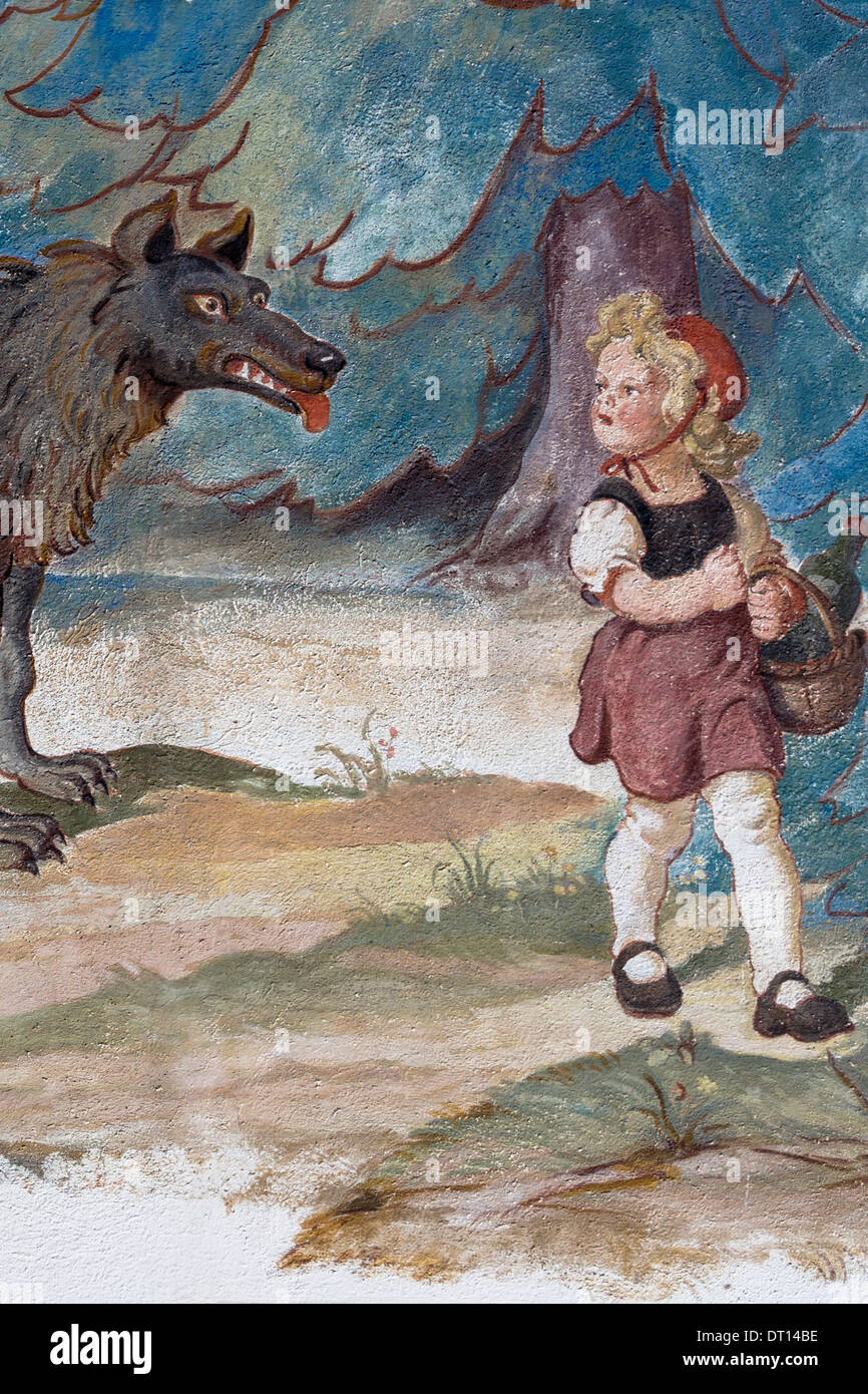 Detail of mural of Grimms Fairy Tale story Little Red Riding Hood in ...