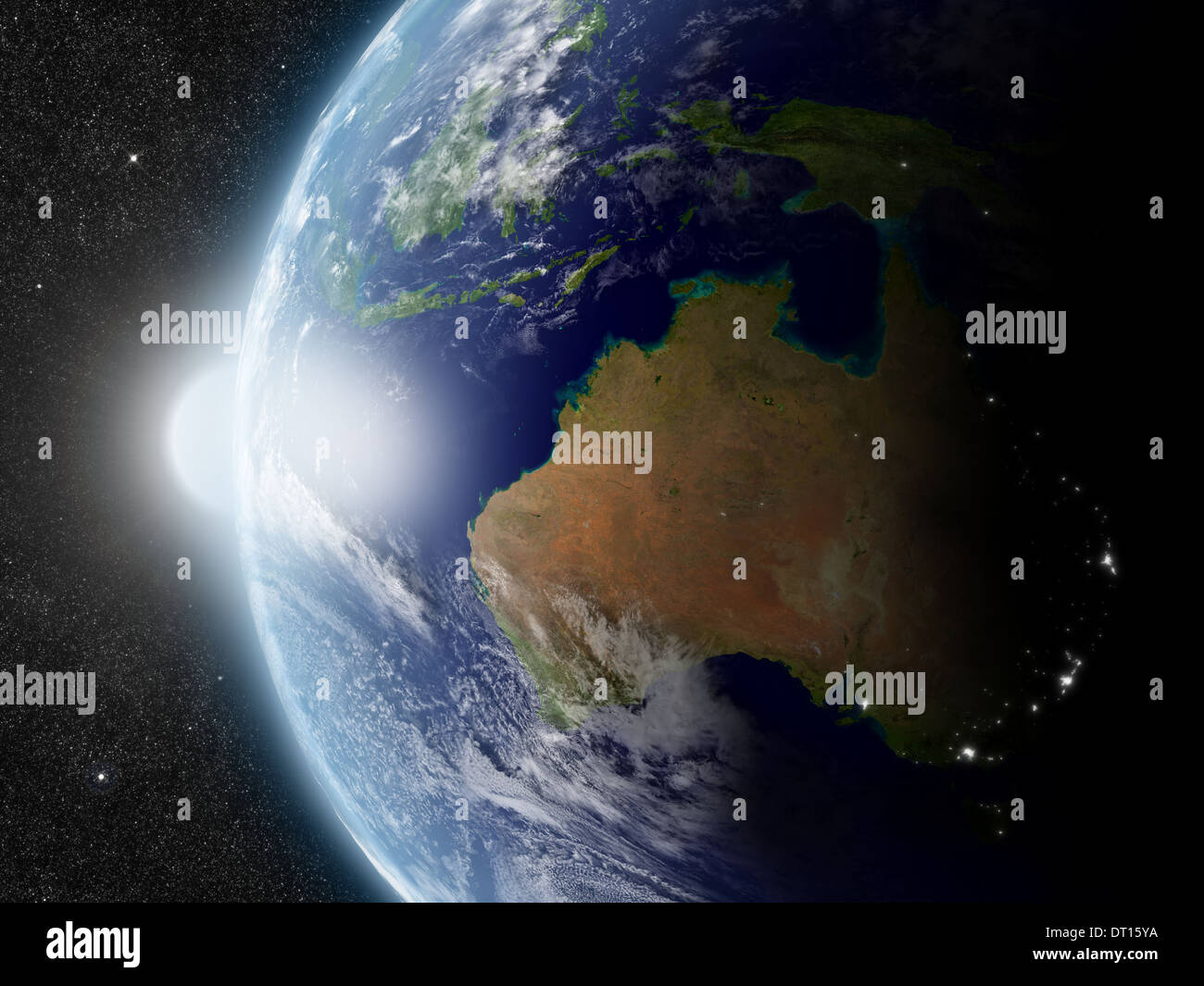 Sunset over Australia region on planet Earth viewed from space with Sun ...