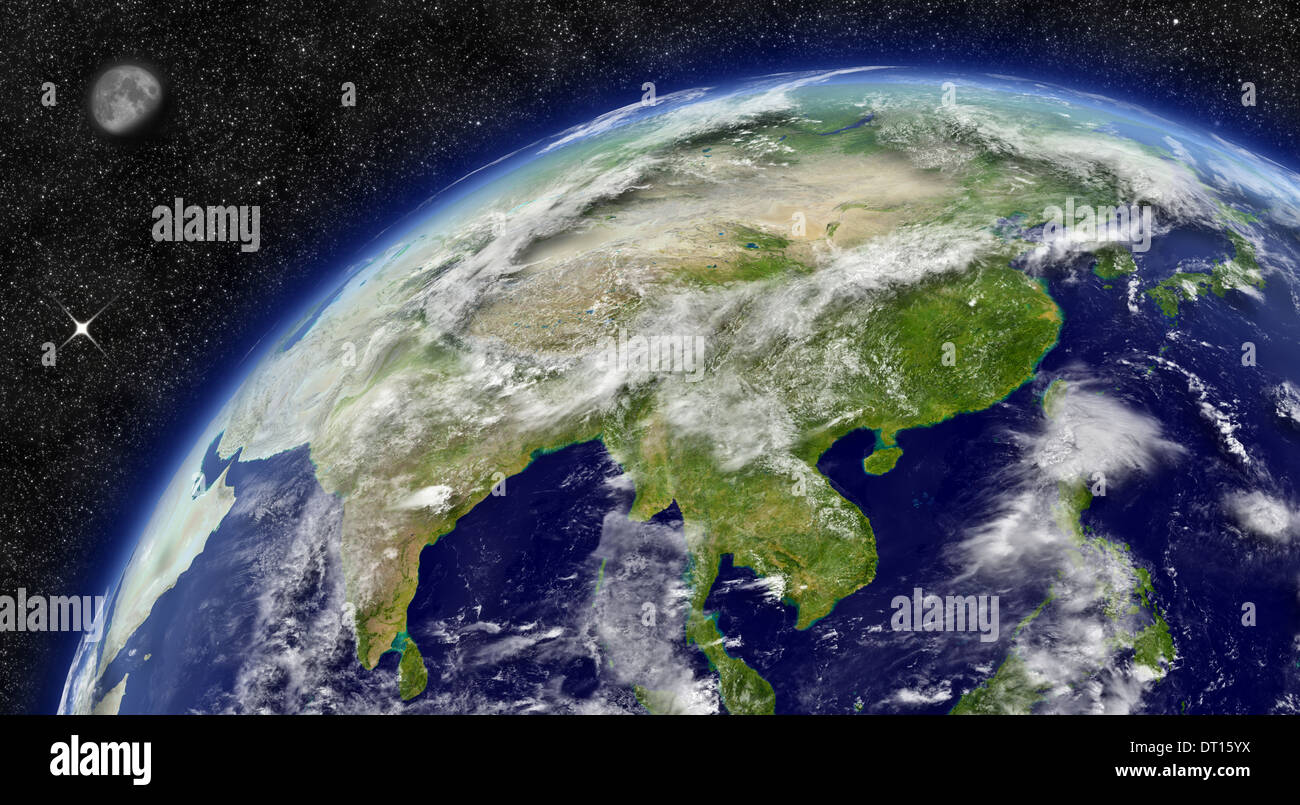 East Asia region on planet Earth from space with Moon and stars in the ...