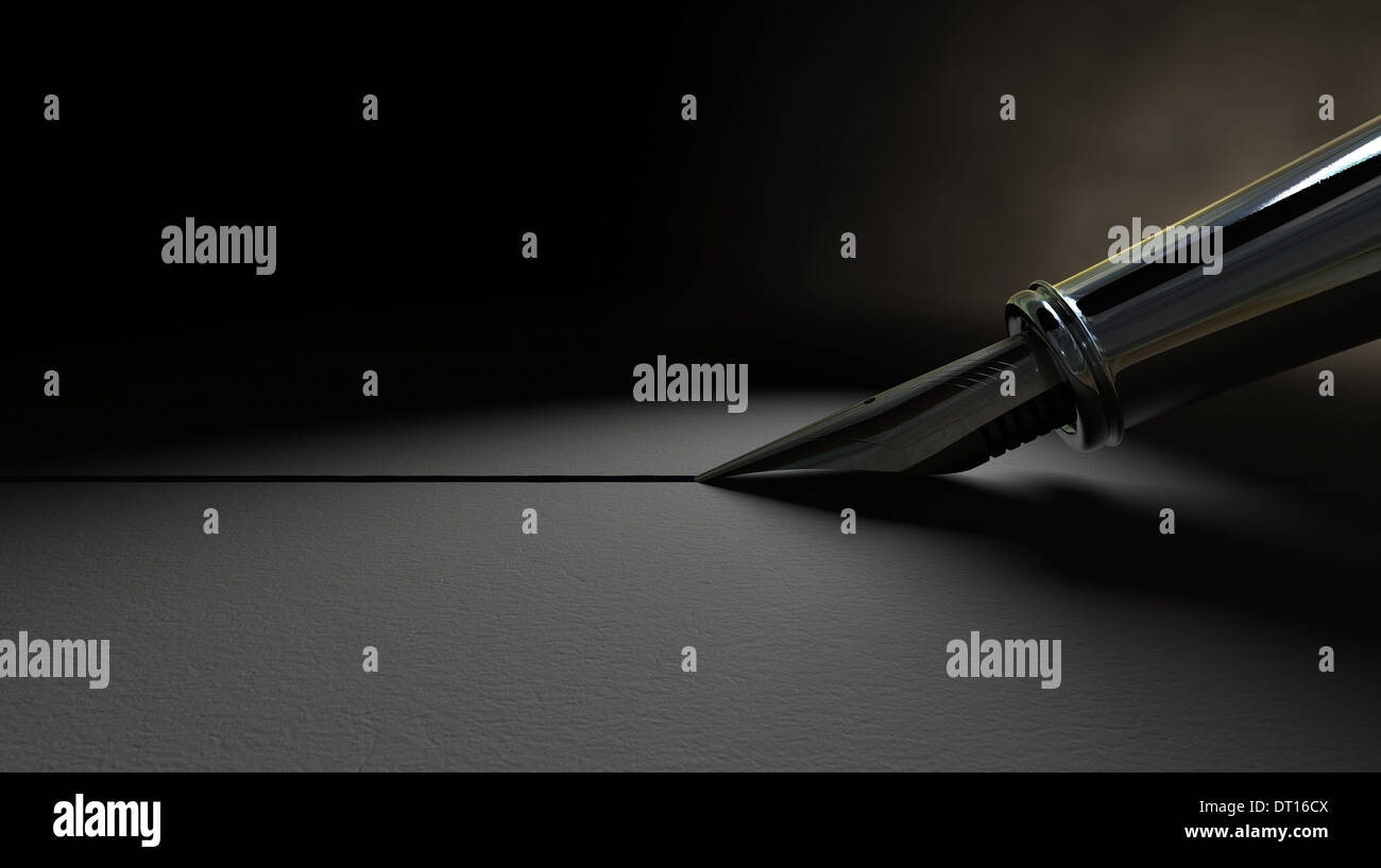 A side view closeup of the metal nib of an old fountain pen drawing a ...