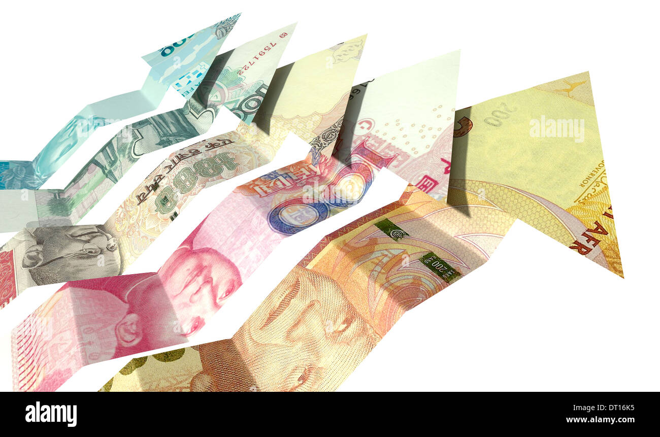 A group of five arrow shaped notes rising representing the five BRICS ...