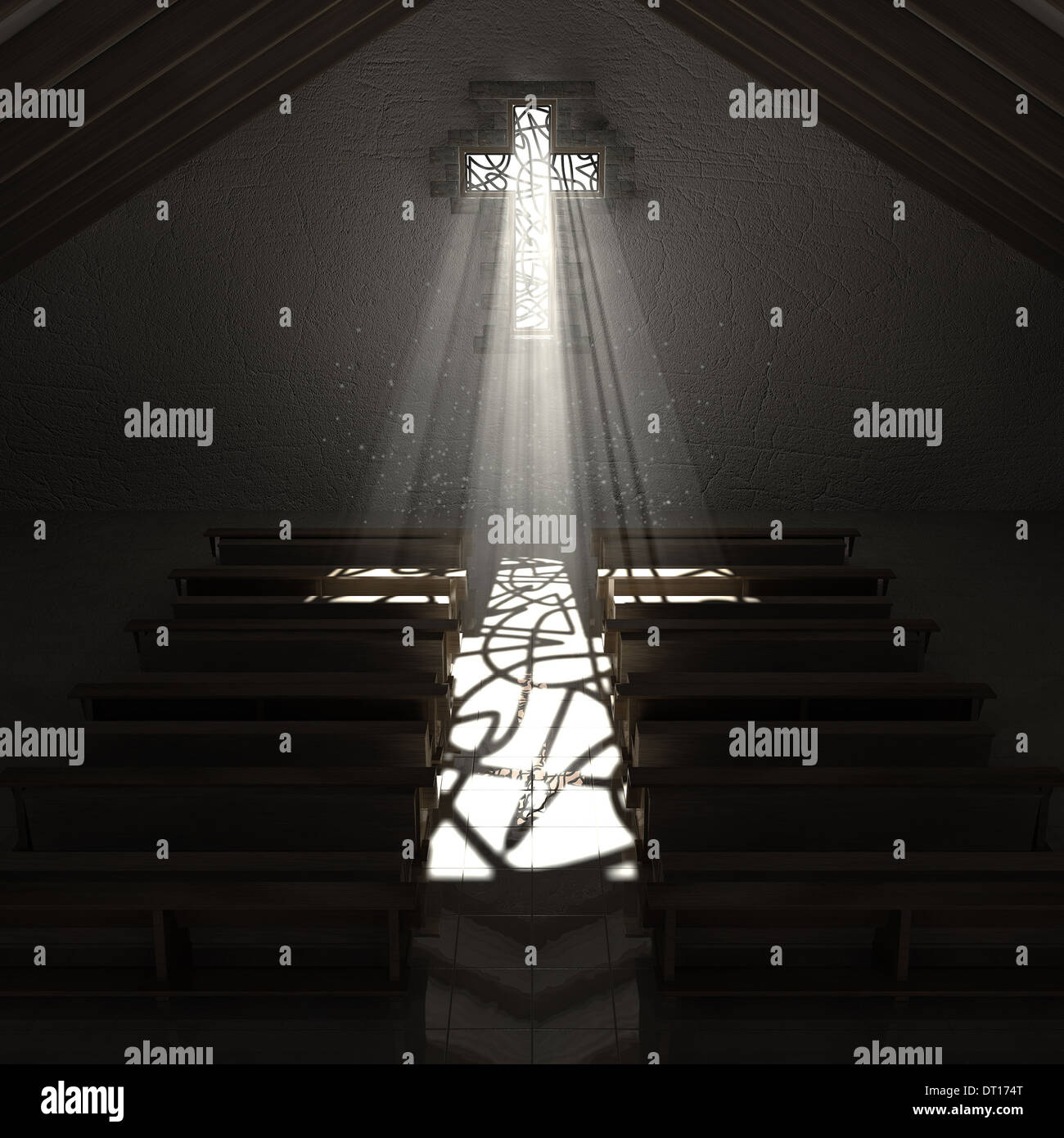 An old church interior with a stained glass window in the shape of a ...