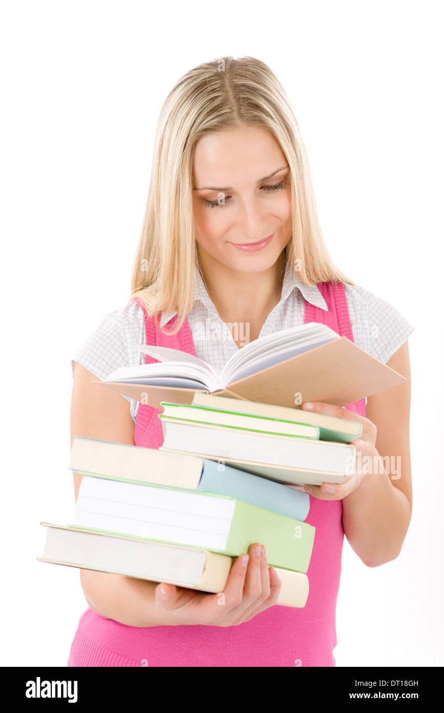 Happy student with book on white Stock Photo - Alamy