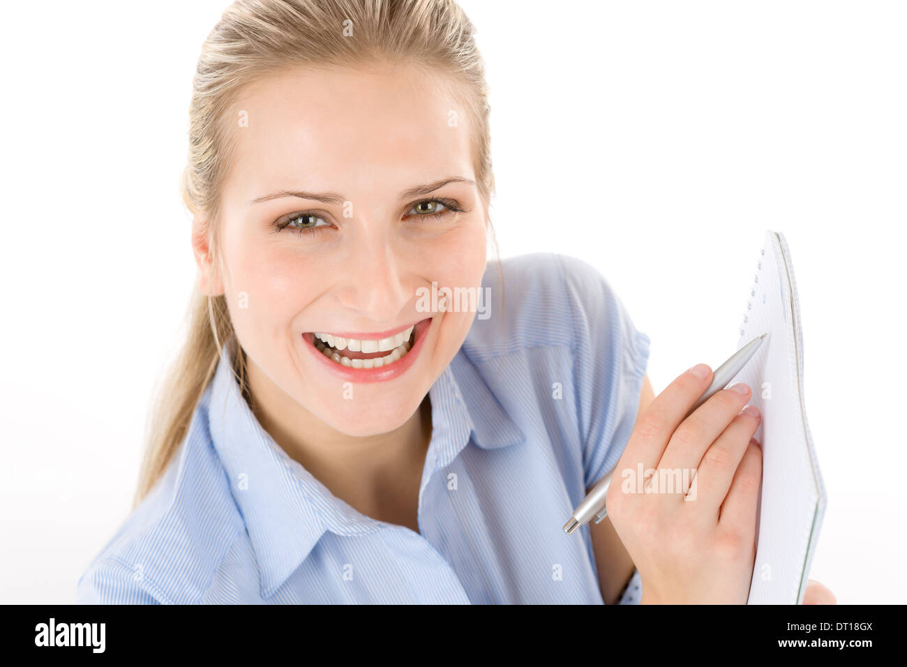 Happy student woman write notes Stock Photo - Alamy