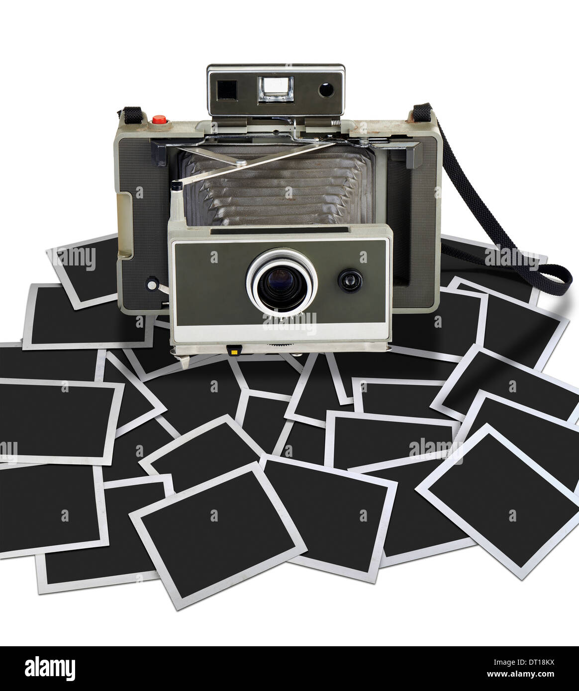 Vintage instant camera with some frame on white background. There is a ...
