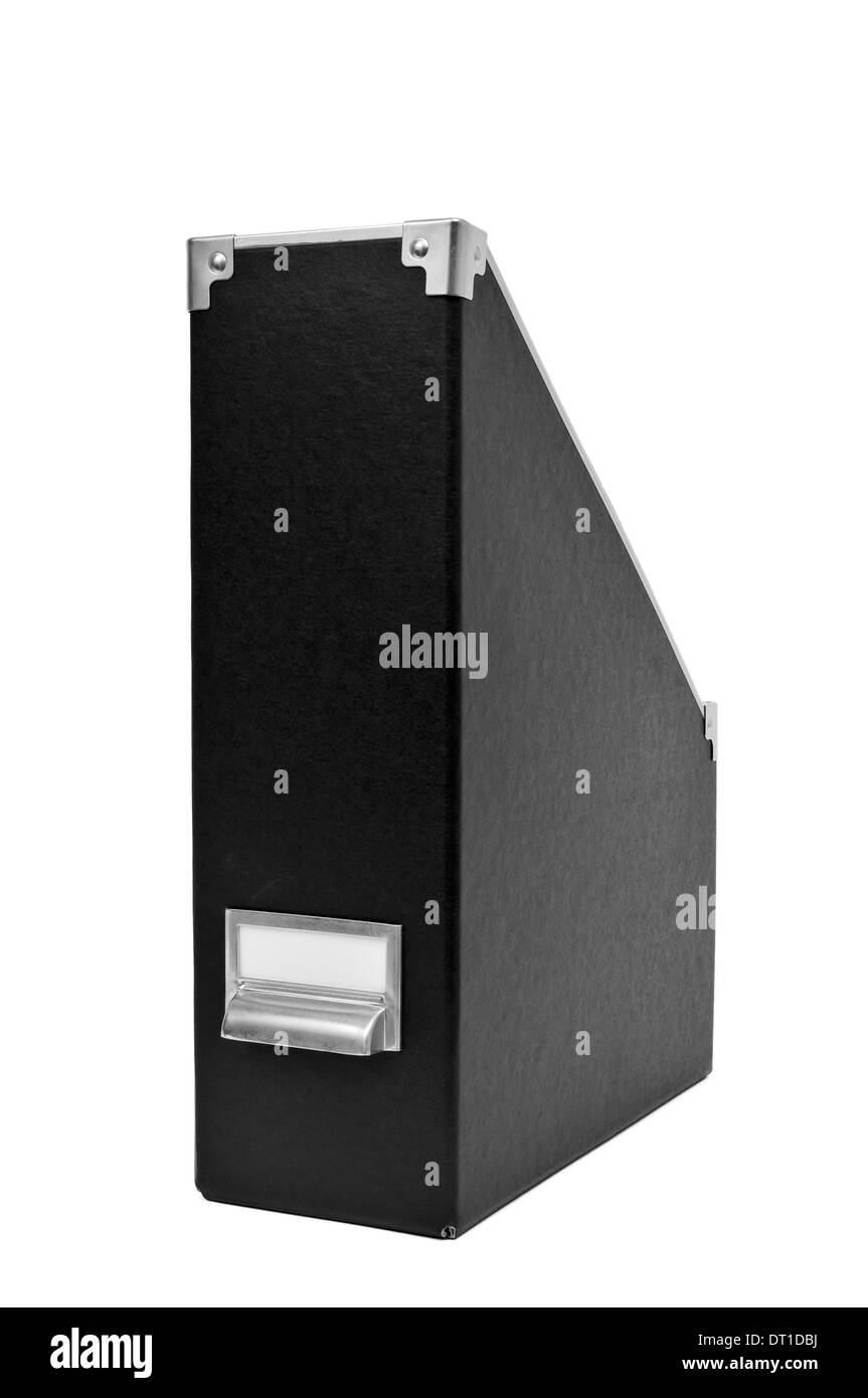 a black filing box with metal index card holder on a white background ...