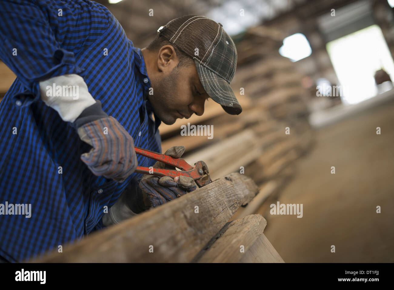 A man working in a reclaimed timber yard Using a tool to remove metals ...