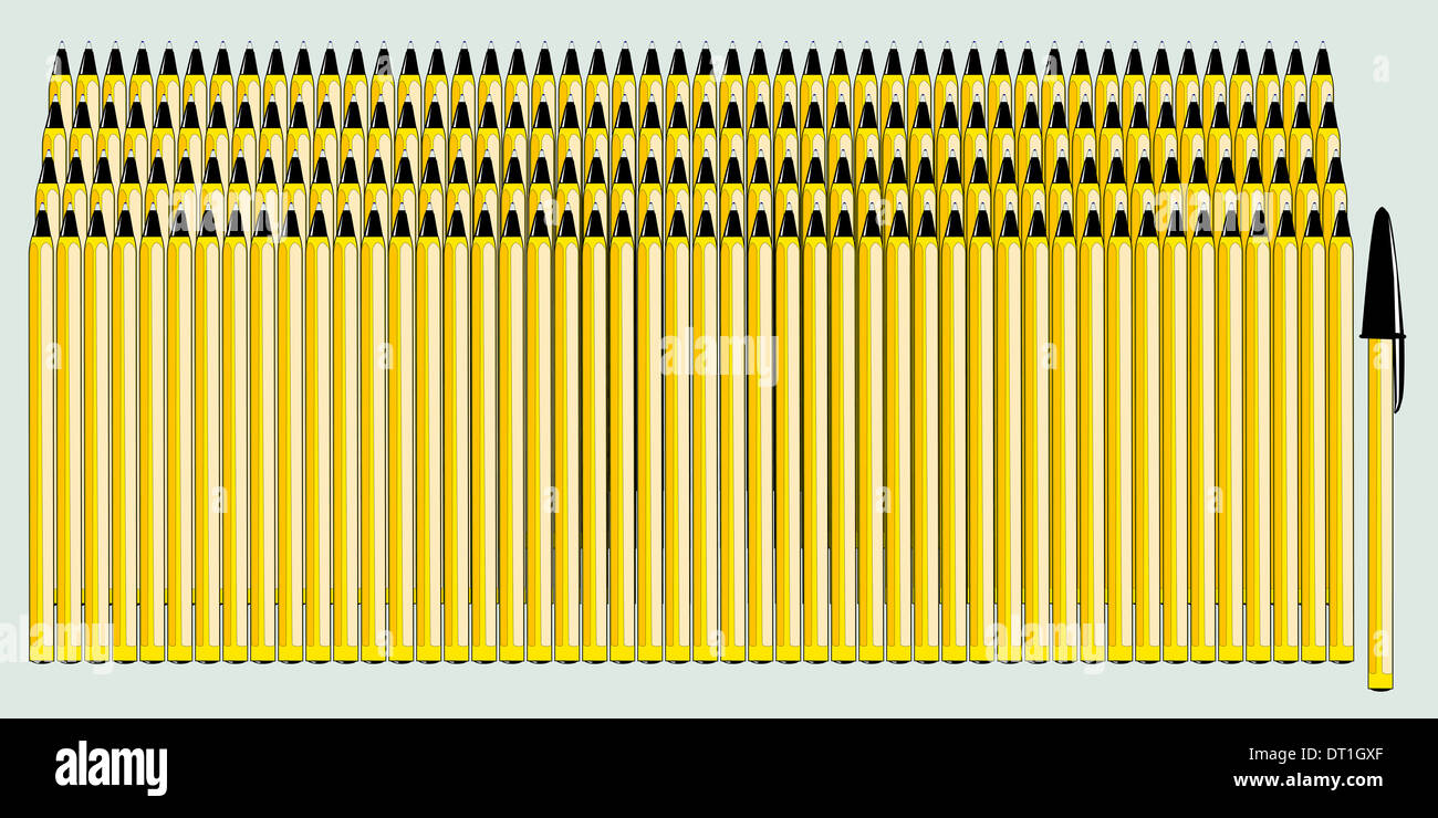 Rows of yellow pens, one in command with black cap Stock Photo - Alamy