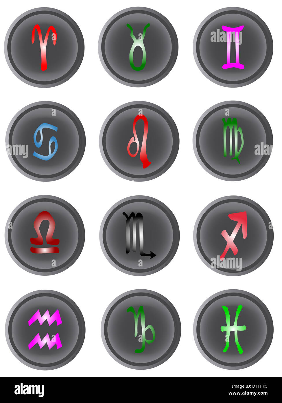 A collection of the twelve astrology icons on buttons Stock Photo - Alamy