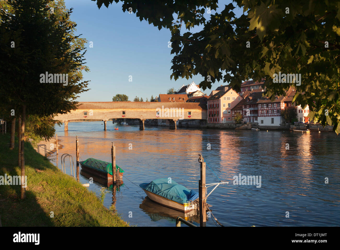 Historic wooden bridge over the Rhine River, Diessenhofen, Canton ...