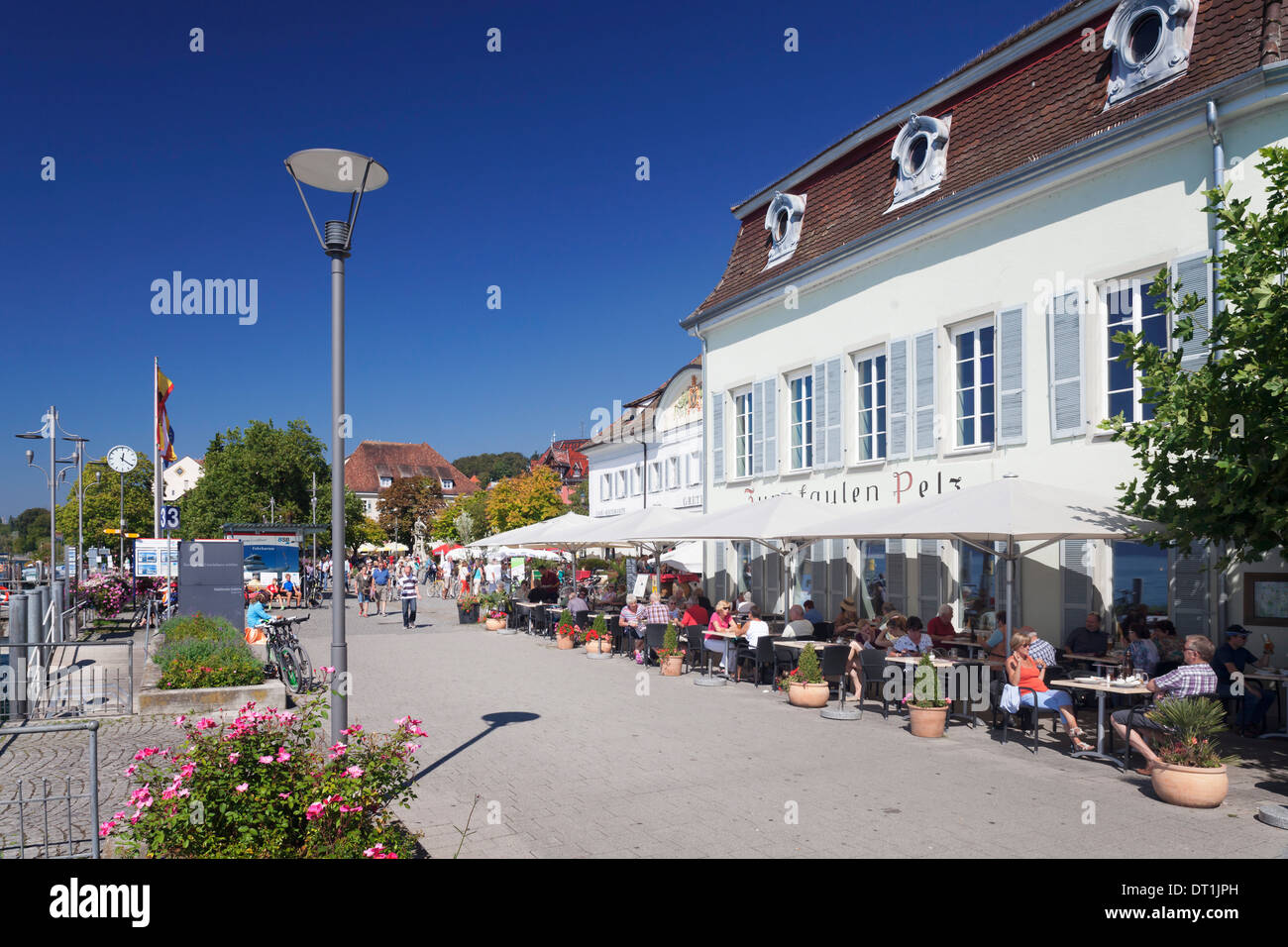 Promenade with restaurant and street cafe, Uberlingen, Lake Constance ...