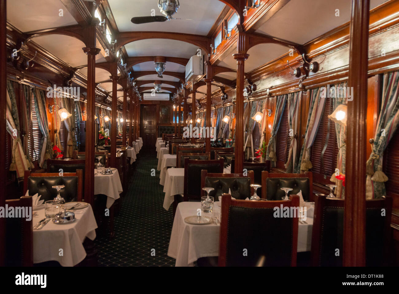 Galleried wood panelled Edwardian vintage dining coach on the Rovos ...