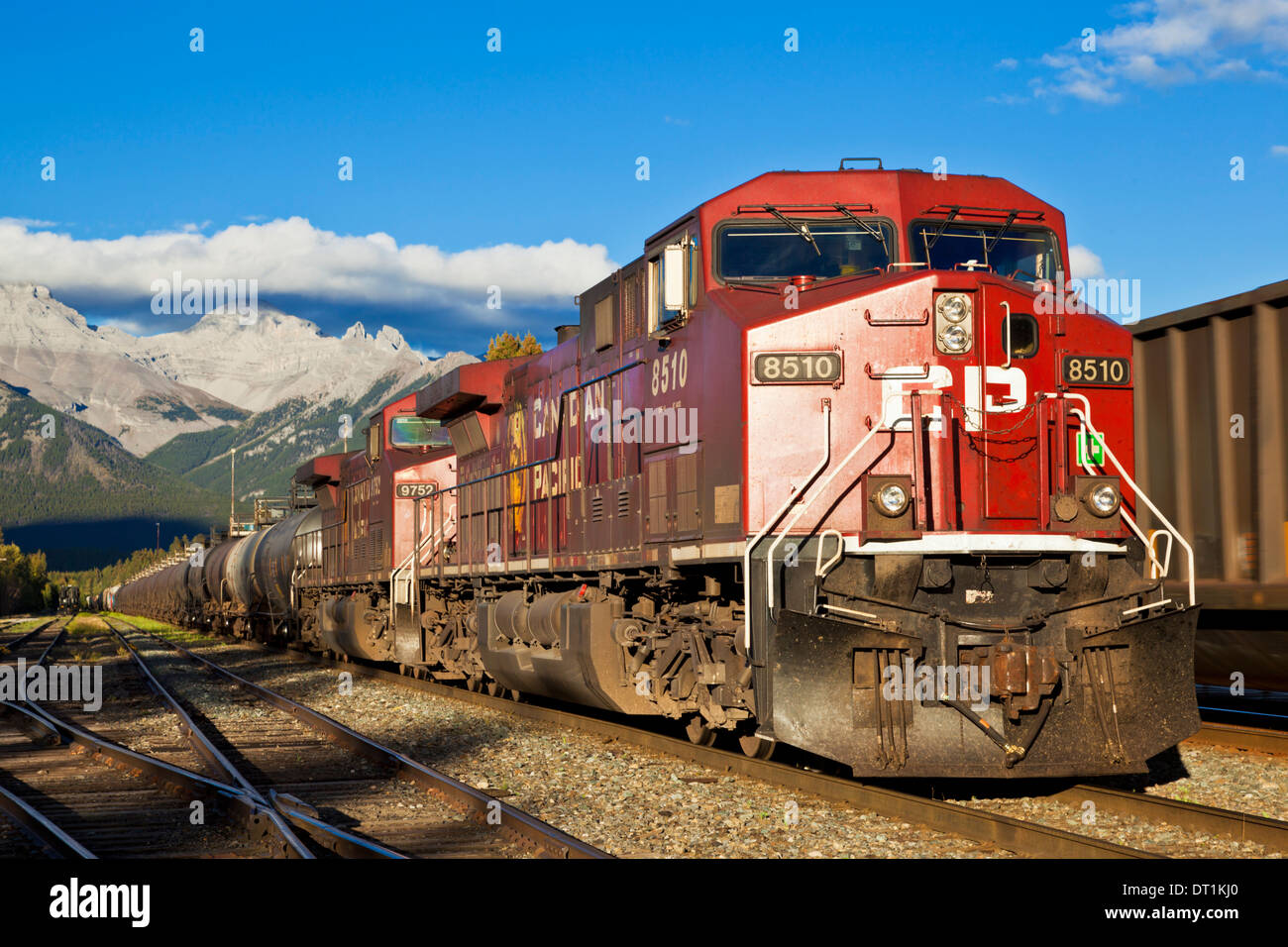 Canadian Pacific freight train locomotive at Banff station, Banff National Park, Canadian ...