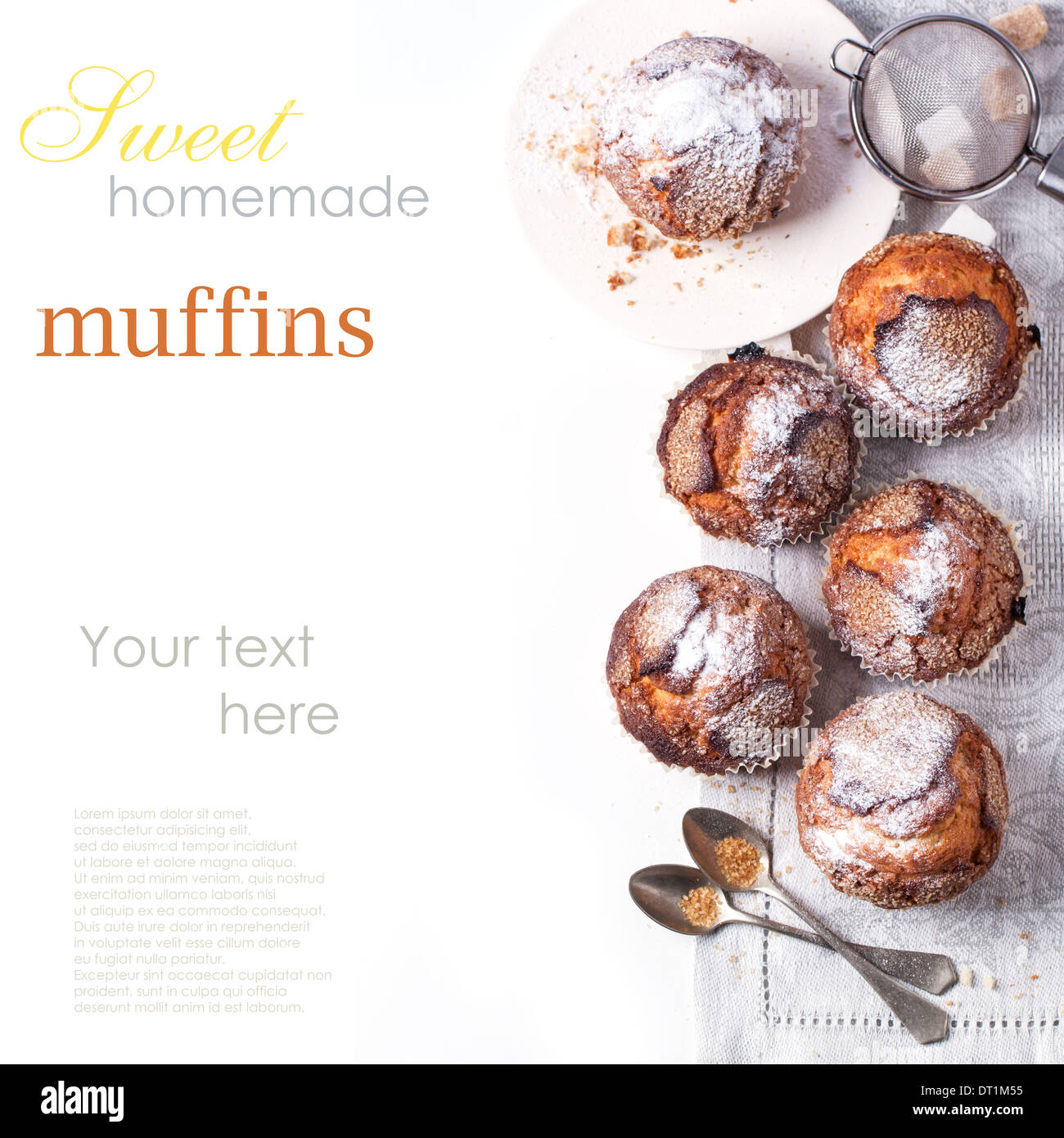 Top view on homemade muffins with powdered sugar over white with sample ...