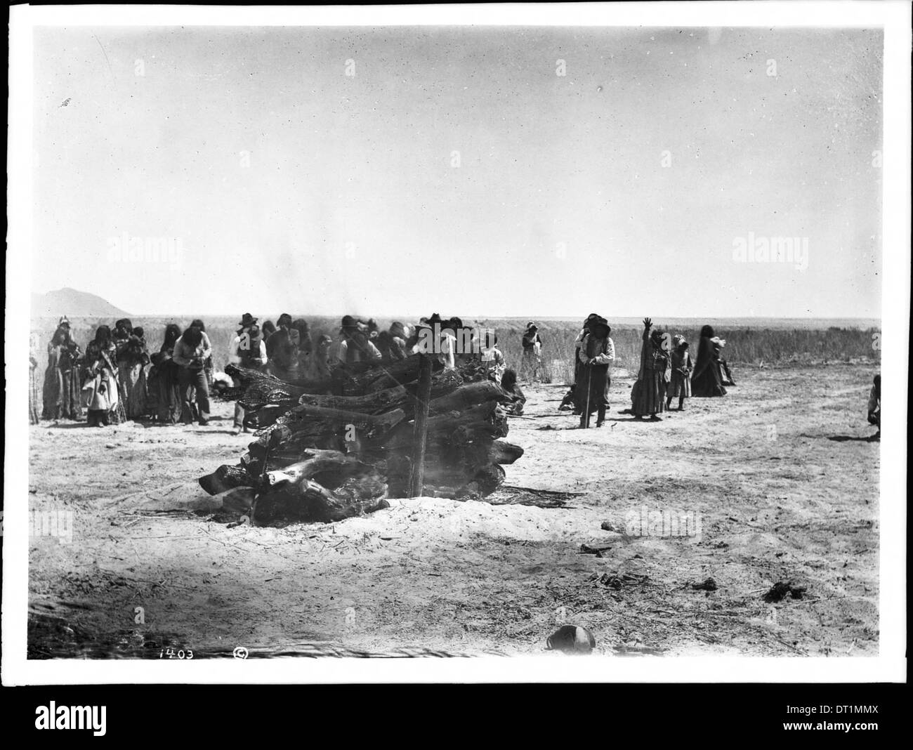 A funeral pyre of a deceased Mojave Indian chief in Sistuma, captured ...