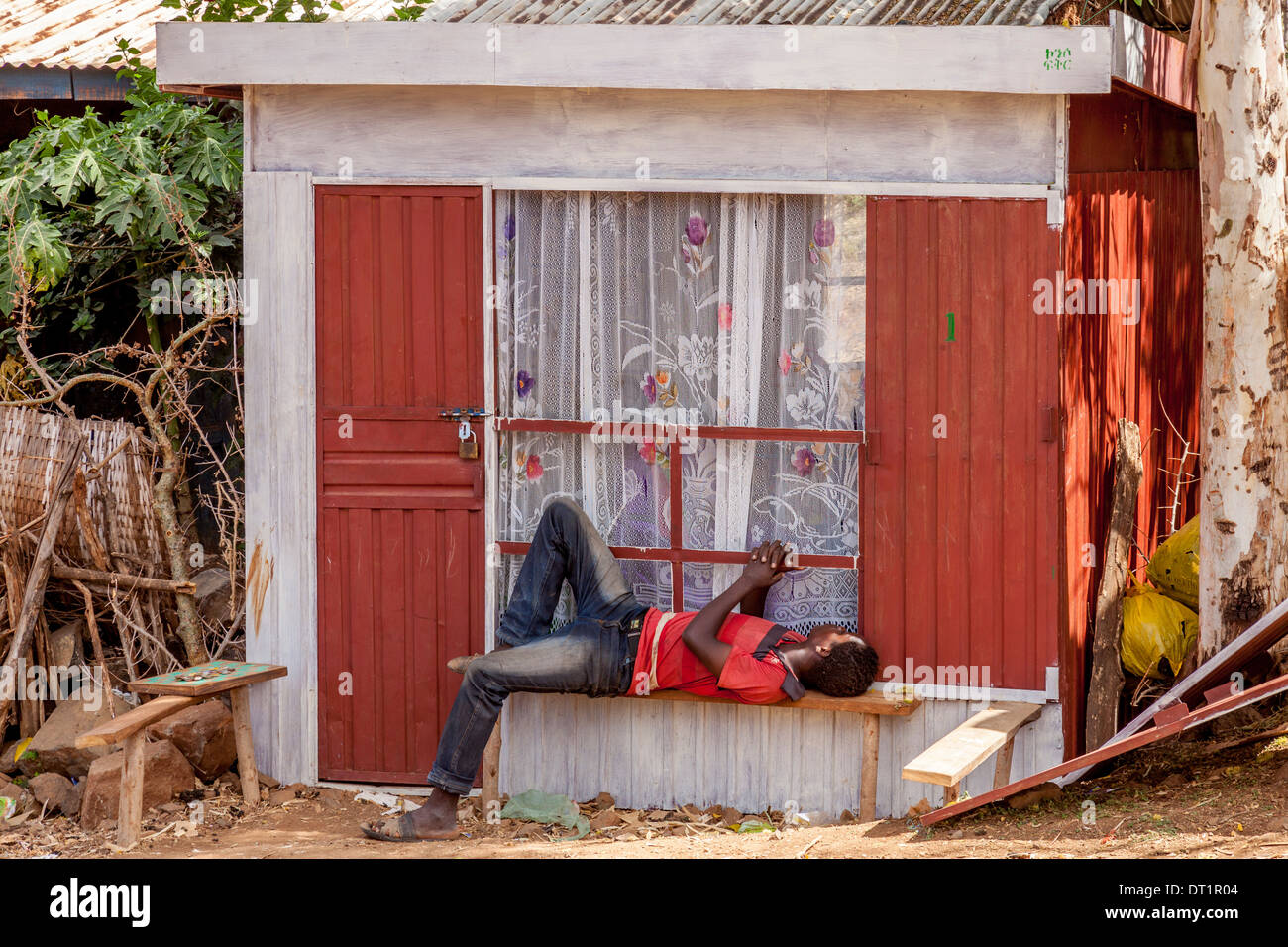 Young Man Sleeping Outside His House, Karat Konso, Ethiopia Stock Photo ...