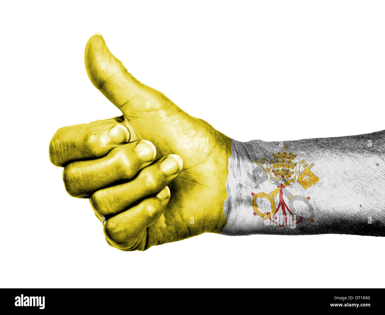 Old woman with arthritis giving the thumbs up sign wrapped in flag ...