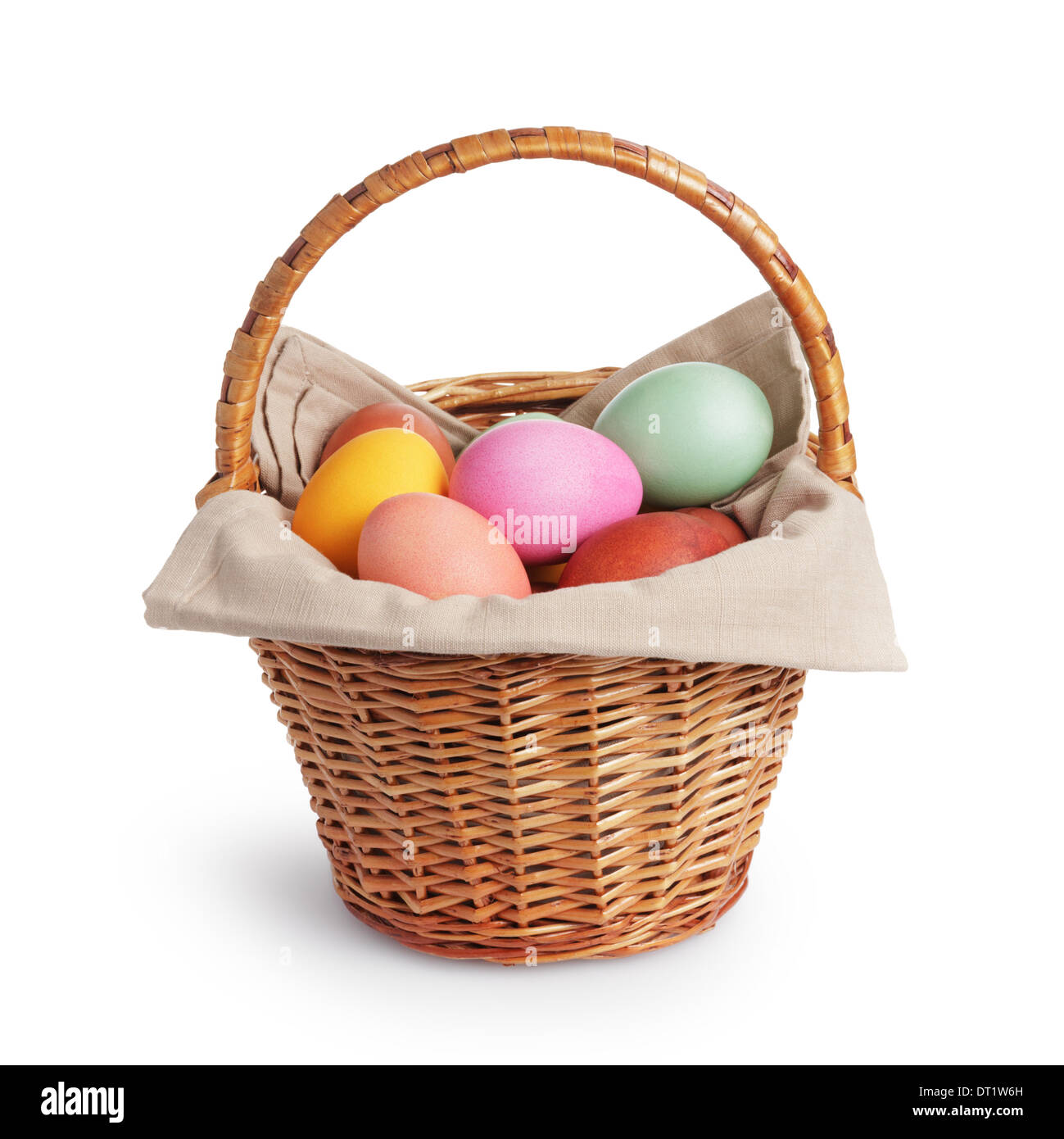 wicker basket full of pastel colors easter eggs, white background Stock ...